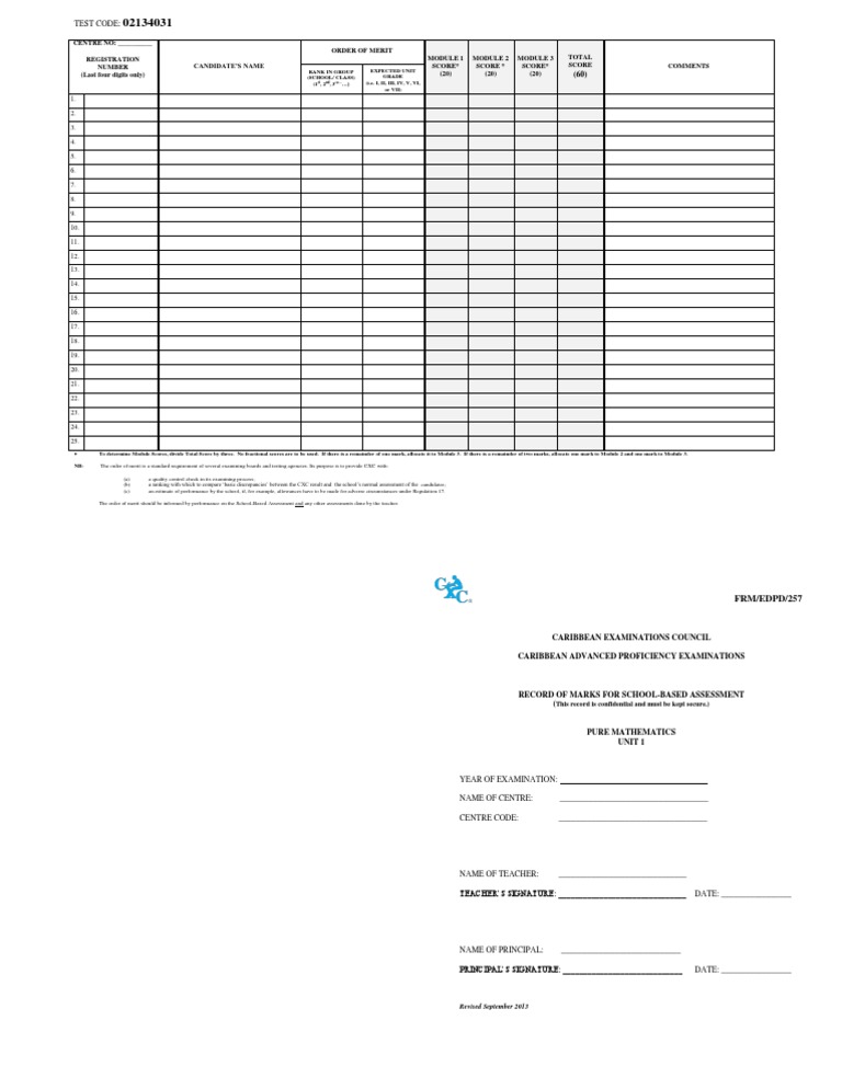 CXC School-Based Assessment Marks Record | PDF | Educational Assessment ...