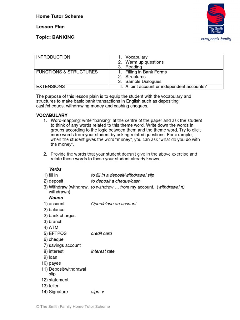 Home Tutor Scheme Lesson Plan Topic: BANKING: Vocabulary | PDF | Savings Account | Cheque