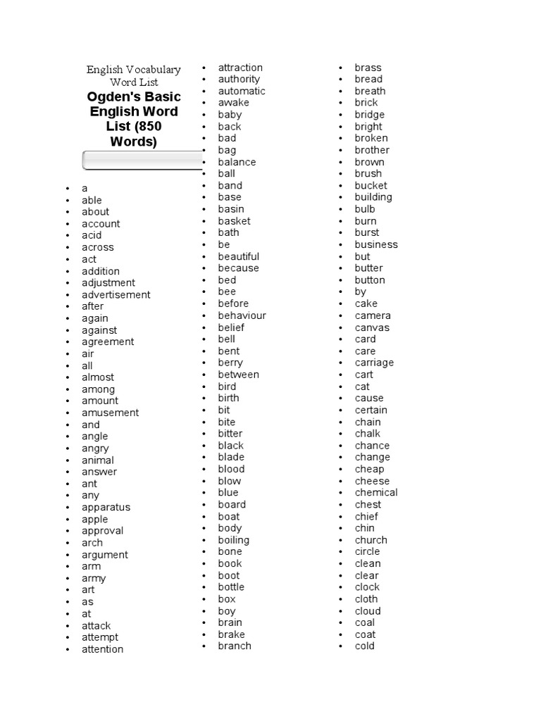 Ogden's Basic English Word List (850 Words) | PDF | Nature