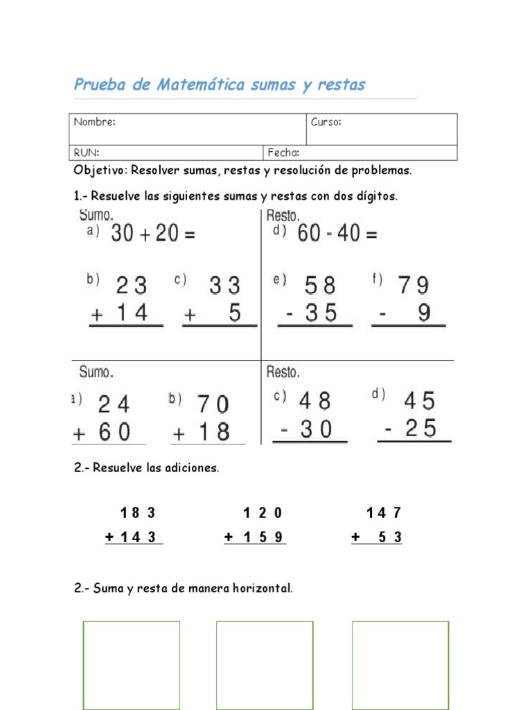 Prueba de Sumas y Restas 2 Basico | PDF