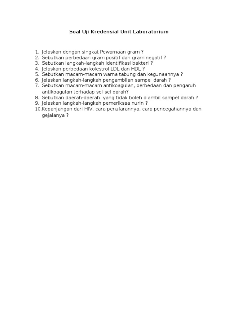 Soal Uji Kredensial Unit Laboratorium | PDF | Gaya Hidup