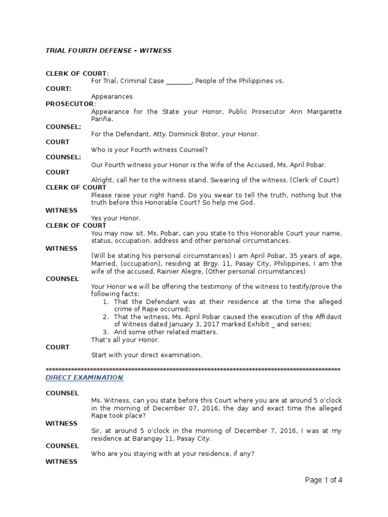Direct Examination 4th Witness Defense | PDF | Witness | Testimony