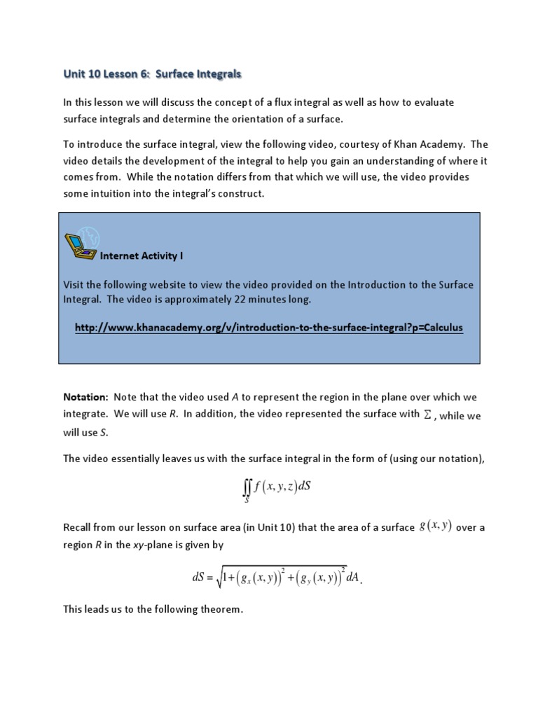 Lesson 10-6 Surface Integrals PDF | PDF | Flux | Integral