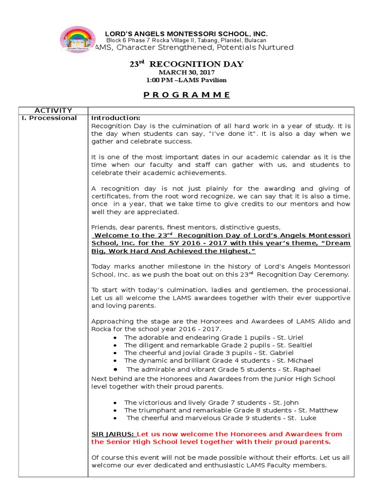 23rd Rcognition Day EMCEE Script | PDF | Schools | Further Education