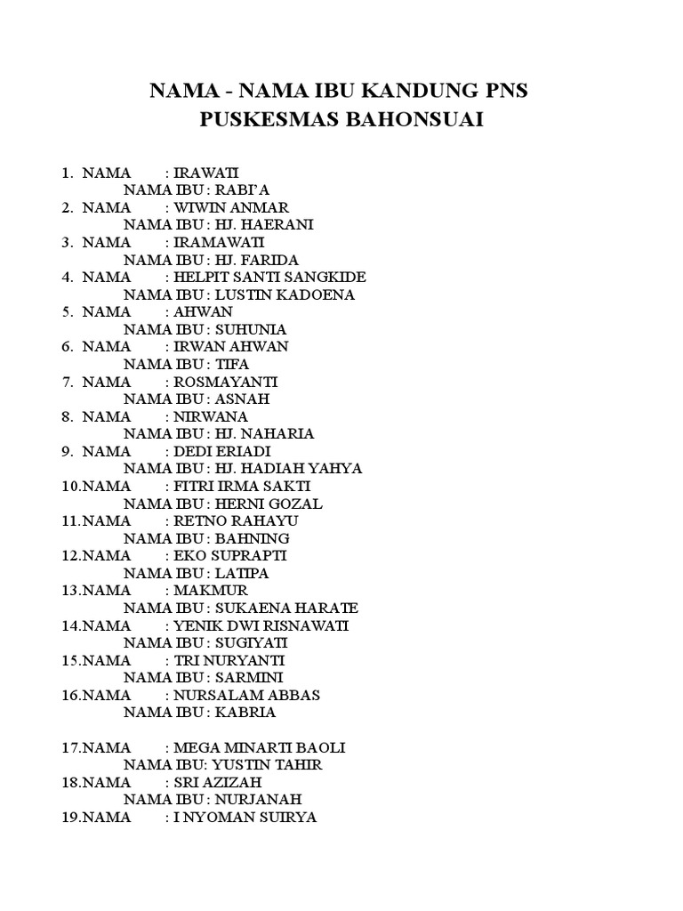 Nama-Nama Ibu Kandung PKM Bahonsuai | PDF