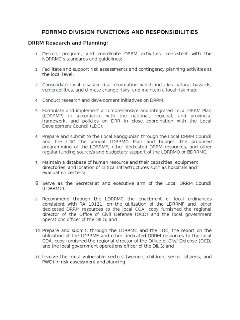 PDRRMO Functions and Responsibilities | PDF | Emergency | Disaster Risk ...