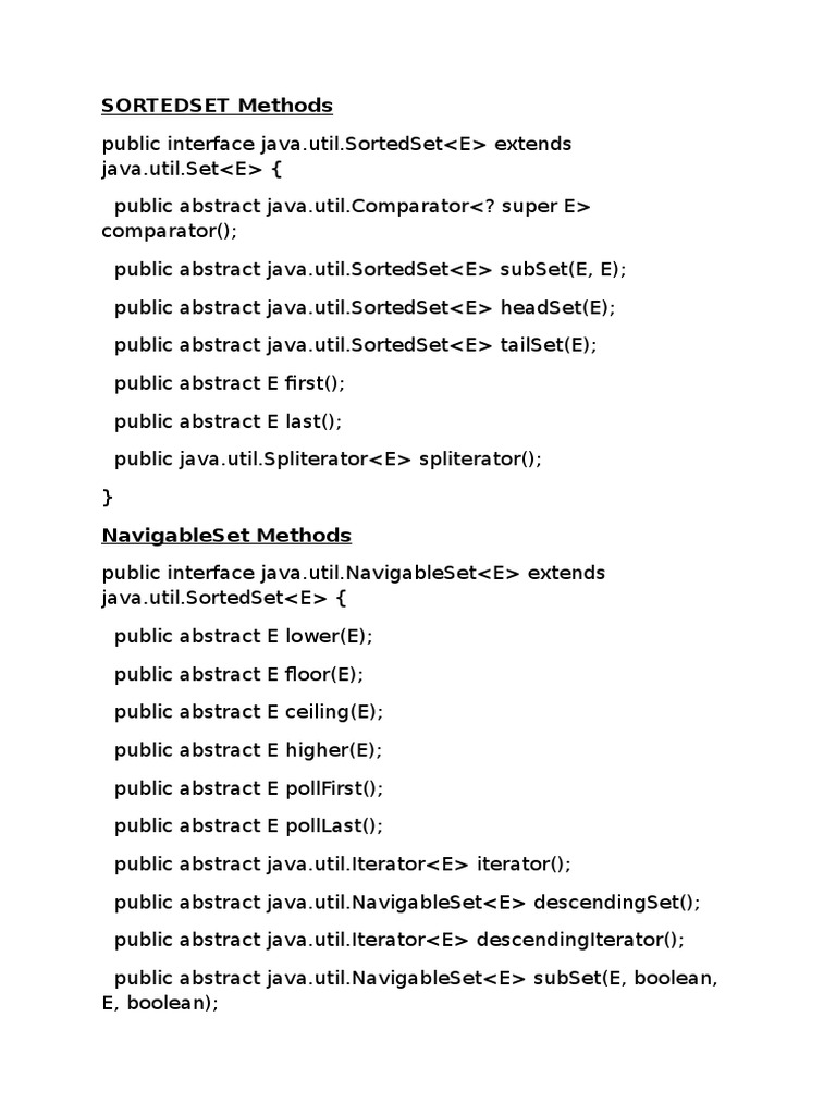 Sorted Navigable Tree Set Methods Pdf Java Programming Language