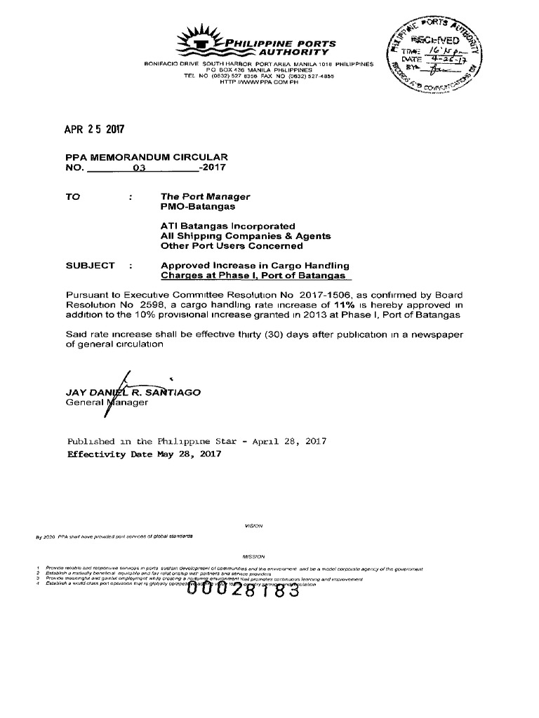 PPA Memo Circular 003-2017 Approved Increase in Cargo Handling Charges ...