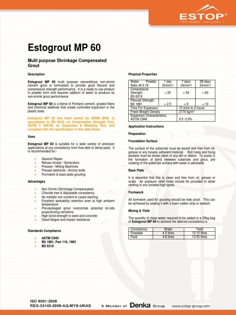 Grout - Estogrout MP60 - Data Sheet - 08-07-04 | PDF | Concrete | Civil ...