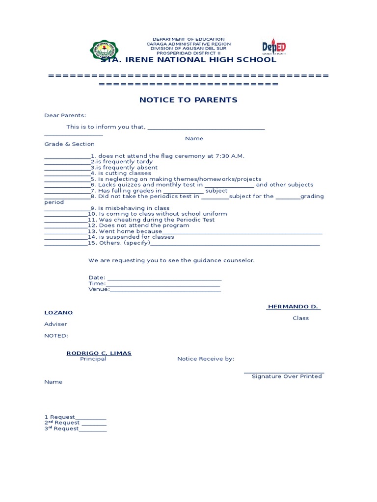 Sta. Irene National High School Notice To Parents | PDF