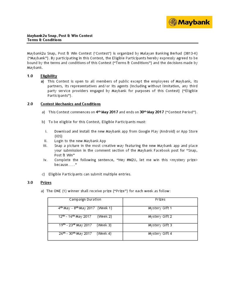 Maybank2u Snap, Post & Win Contest Terms & Conditions: TH TH | PDF ...