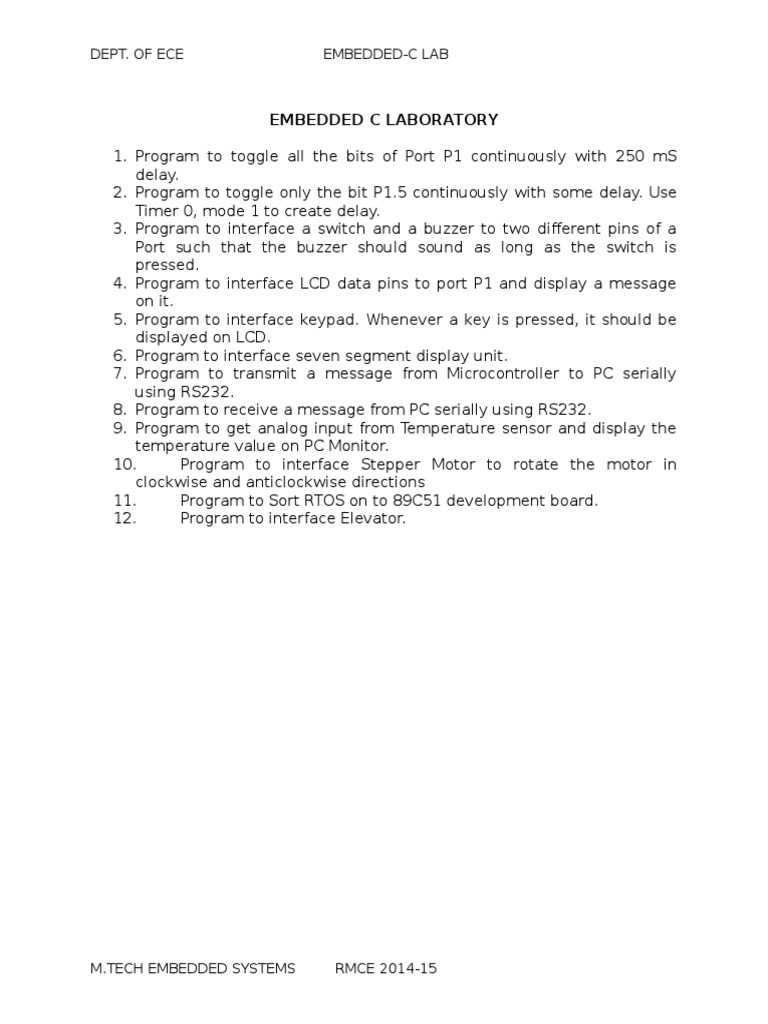 Embedded C Lab Manual | PDF | Integer (Computer Science) | Binary Coded Decimal