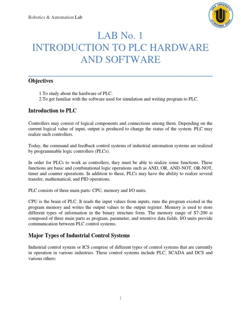 Lab 01 - Introduction To PLC Hardware and Software | PDF | Programmable Logic Controller | Scada