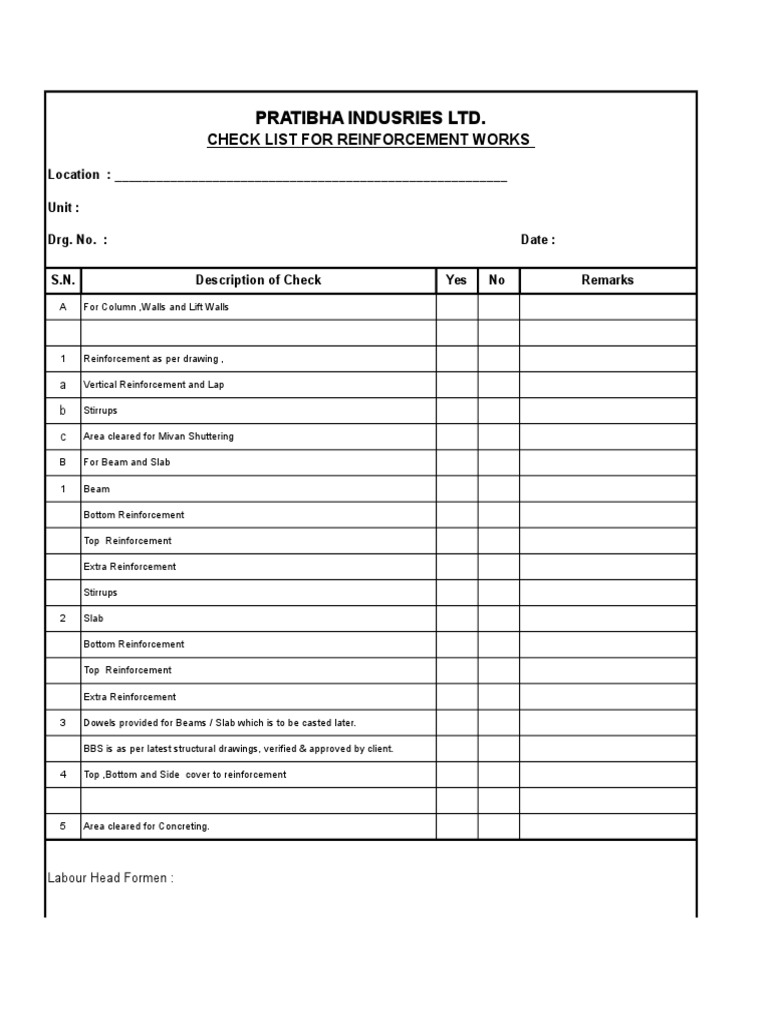 Check List For Reinforcement Works in Mivan | PDF