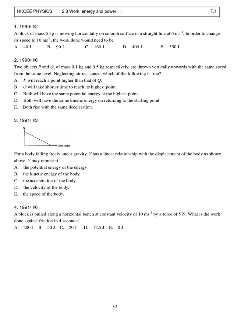 Work and Energy in Physics Exercises | PDF | Kinetic Energy | Mass