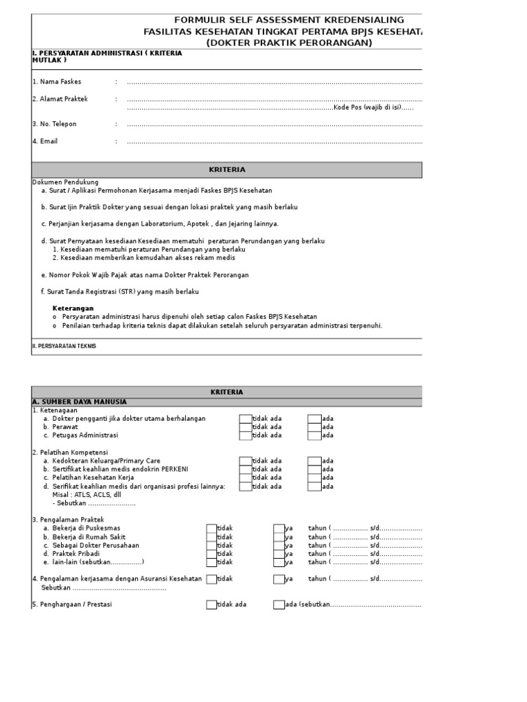 Format Self Assessment Kredensialing Faskes Final | PDF