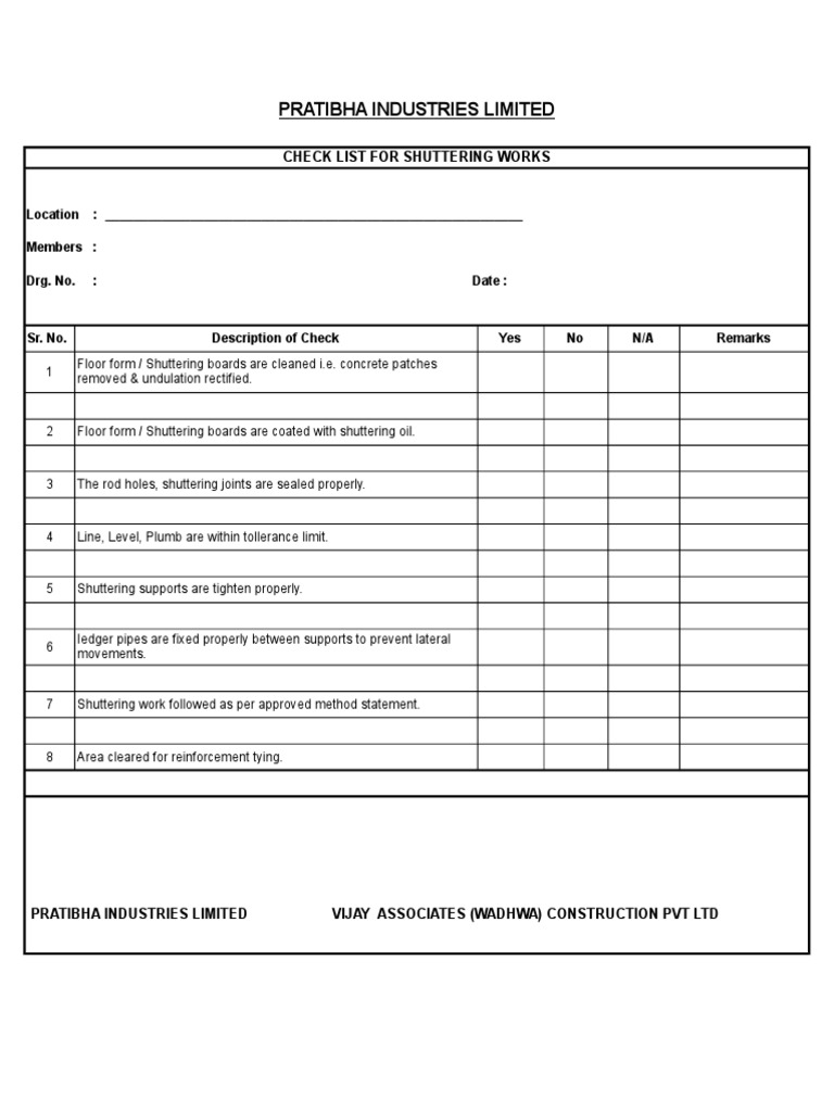 Check List For Shuttering Works | PDF