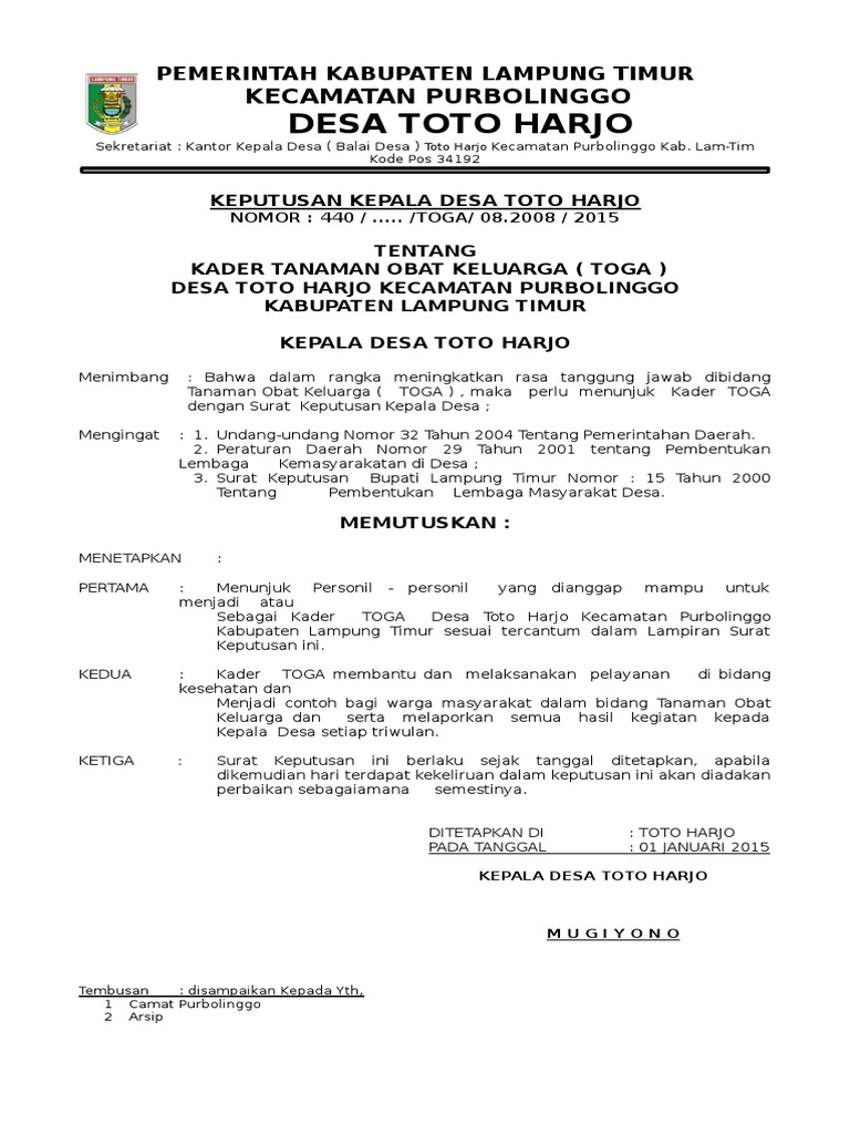 Keputusan Kader TOGA Desa Toto Harjo | PDF