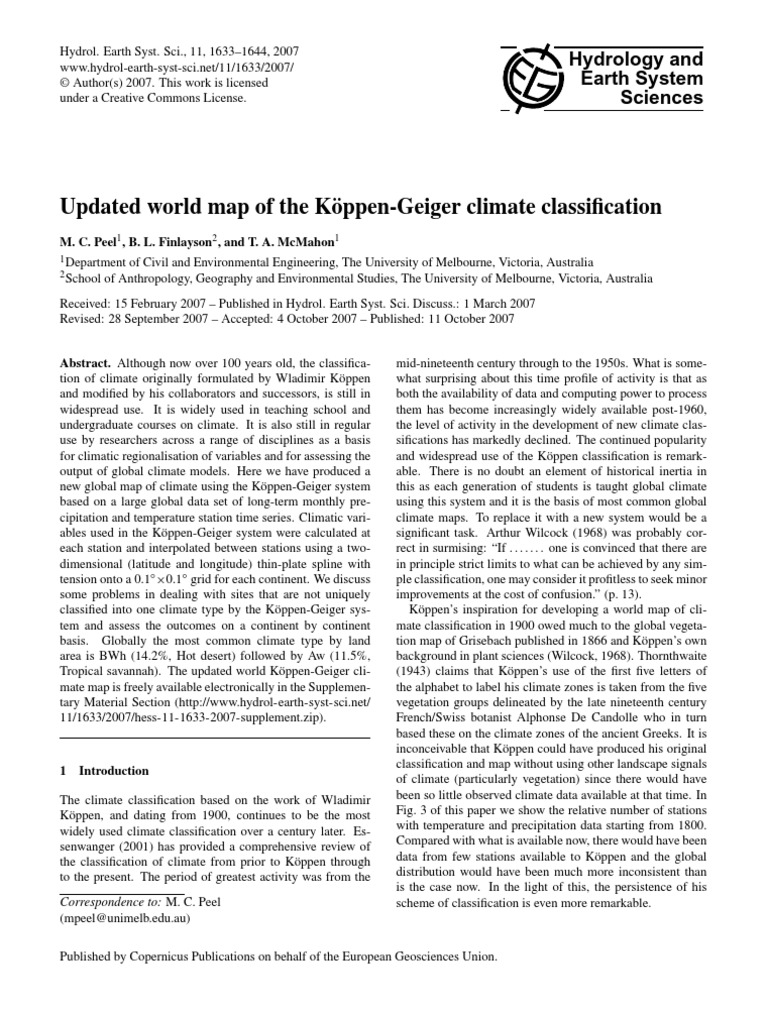 Updated World Map of The Köppen-Geiger Climate Classification | PDF