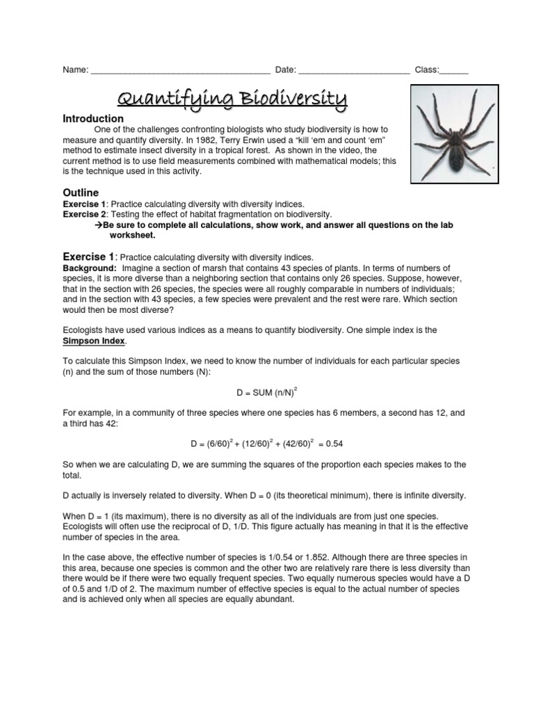 Biodiversity Measurement Lab Worksheet | PDF | Biodiversity | Habitat