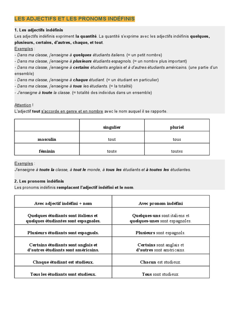 Les Adjectifs Et Les Pronoms Indéfinis | Nombre grammatical | Genre ...
