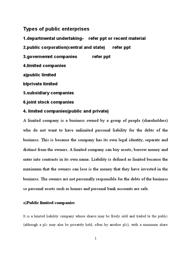 Types of Public Enterprises Explained | PDF | Subsidiary | Joint Stock ...