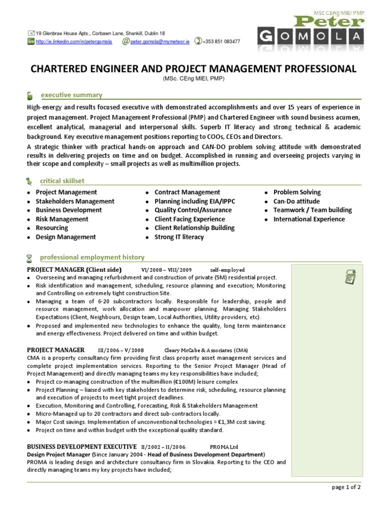 Chartered Engineer and Project Management Professional CV | PDF ...