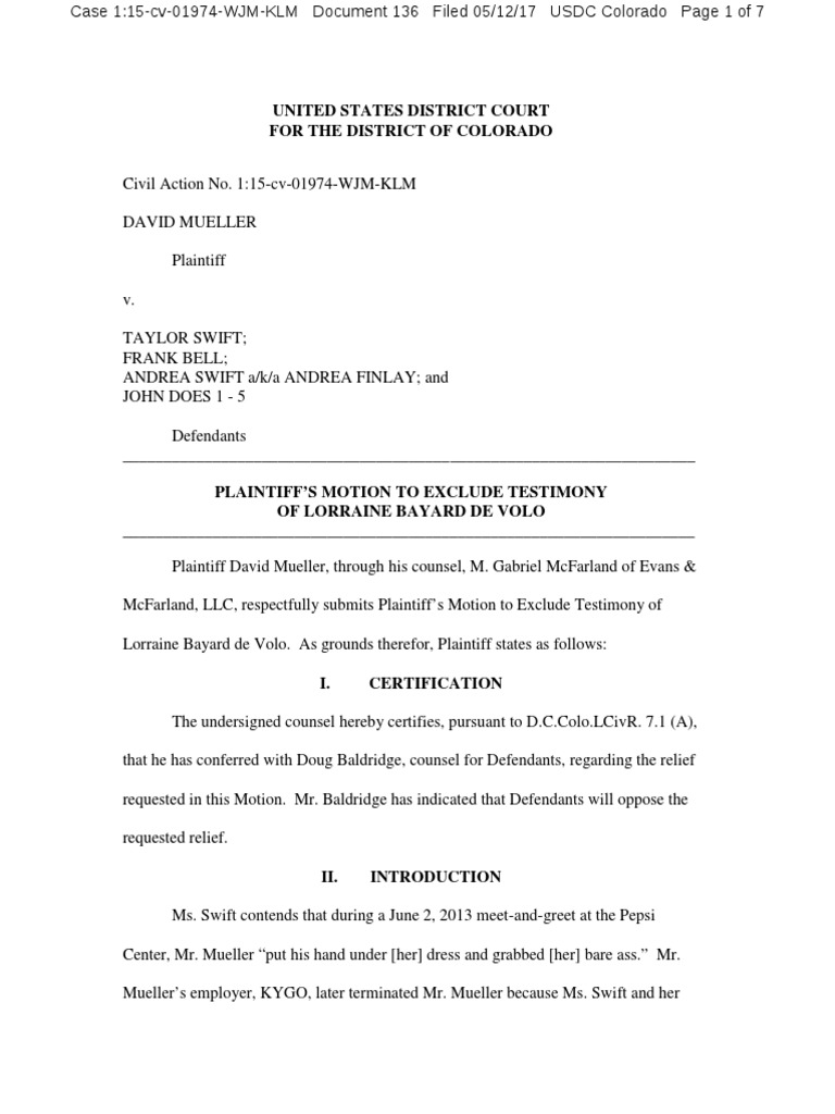 David Mueller v. Taylor Swift: Motion To Exclude Testimony | PDF ...
