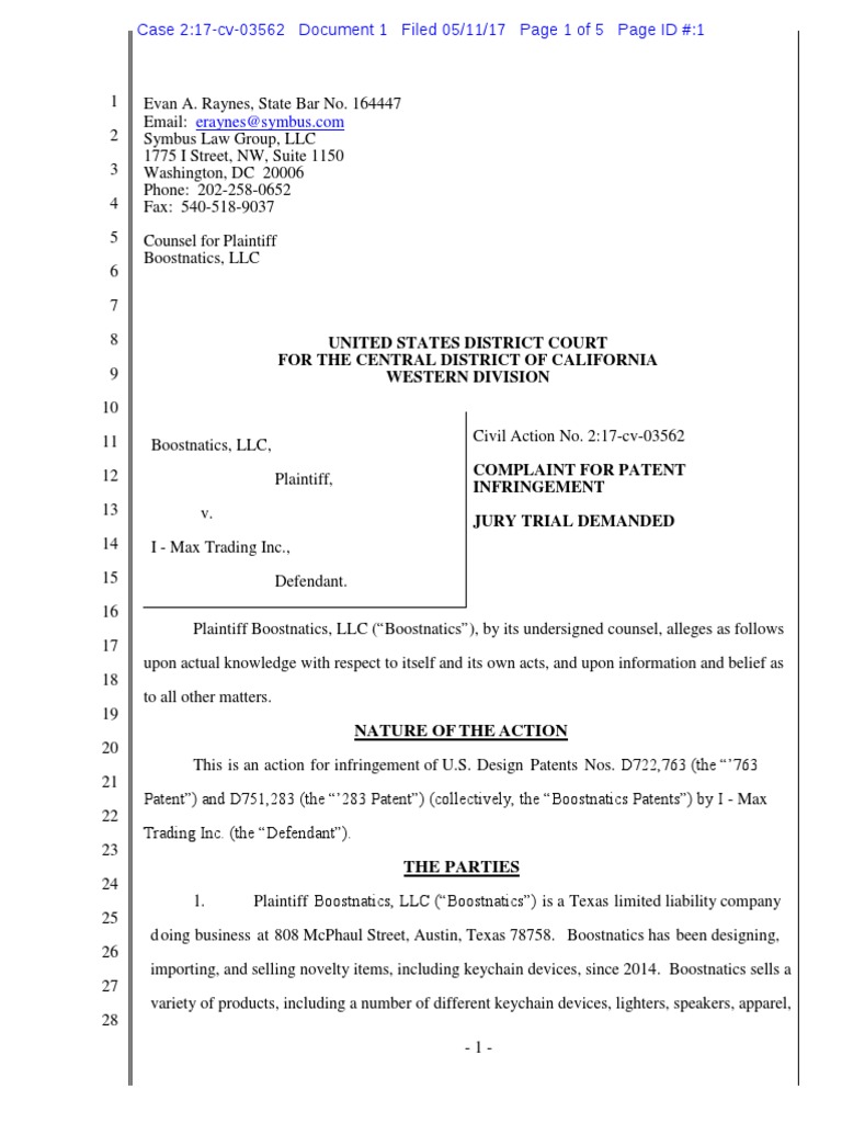 Boostnatics v. I-Max Trading - Complaint | PDF | Patent Infringement ...