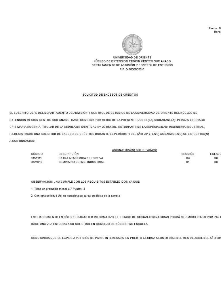 Documento Cris Udo Constancia de Exceso | PDF