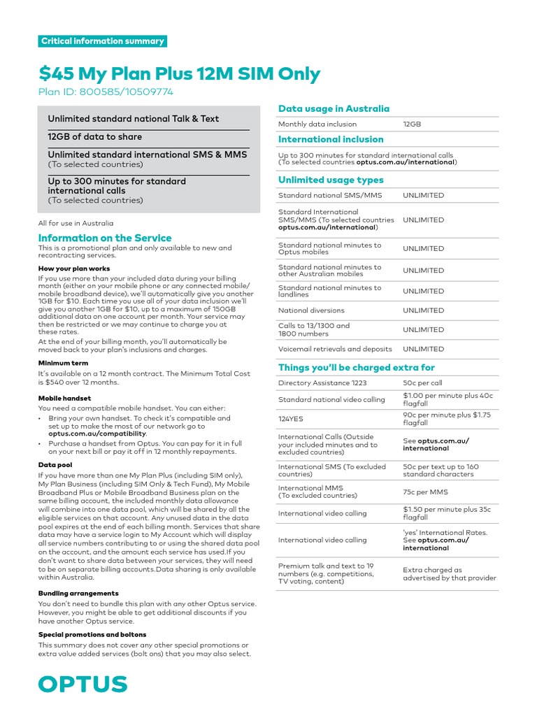 $45 My Plan Plus 12M SIM Only | PDF | Roaming | Mobile Phones