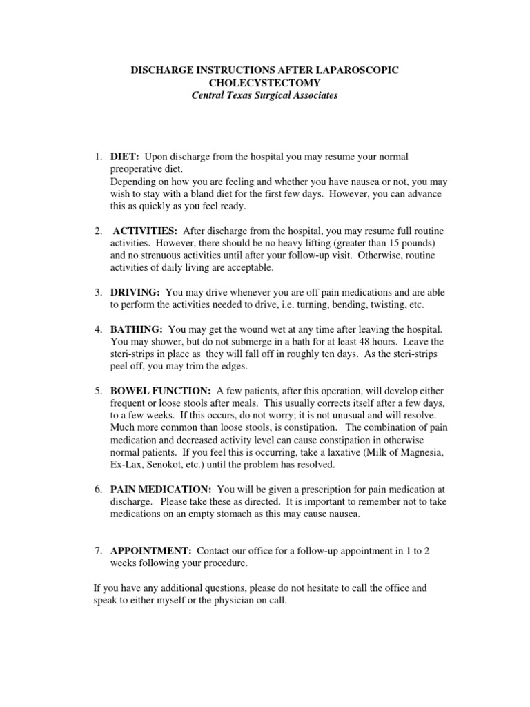 Laparoscopic Cholecystectomy Discharge Guide | PDF | Science & Mathematics