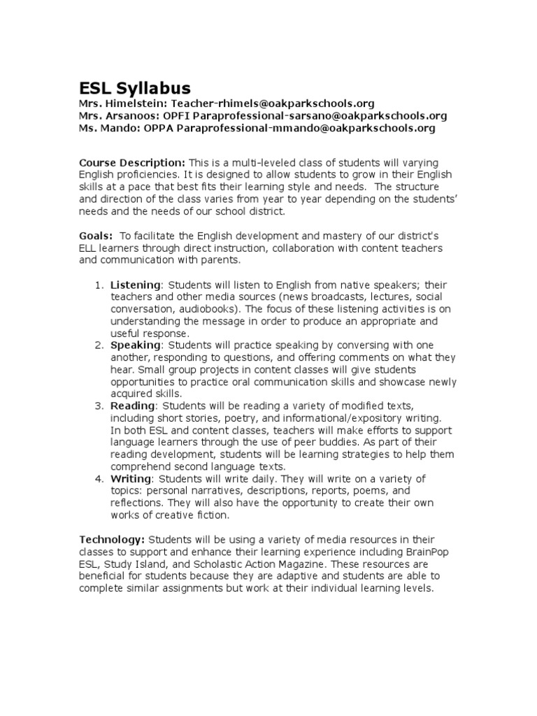 Esl Syllabus 1 English As A Second Or Foreign Language Cognition 