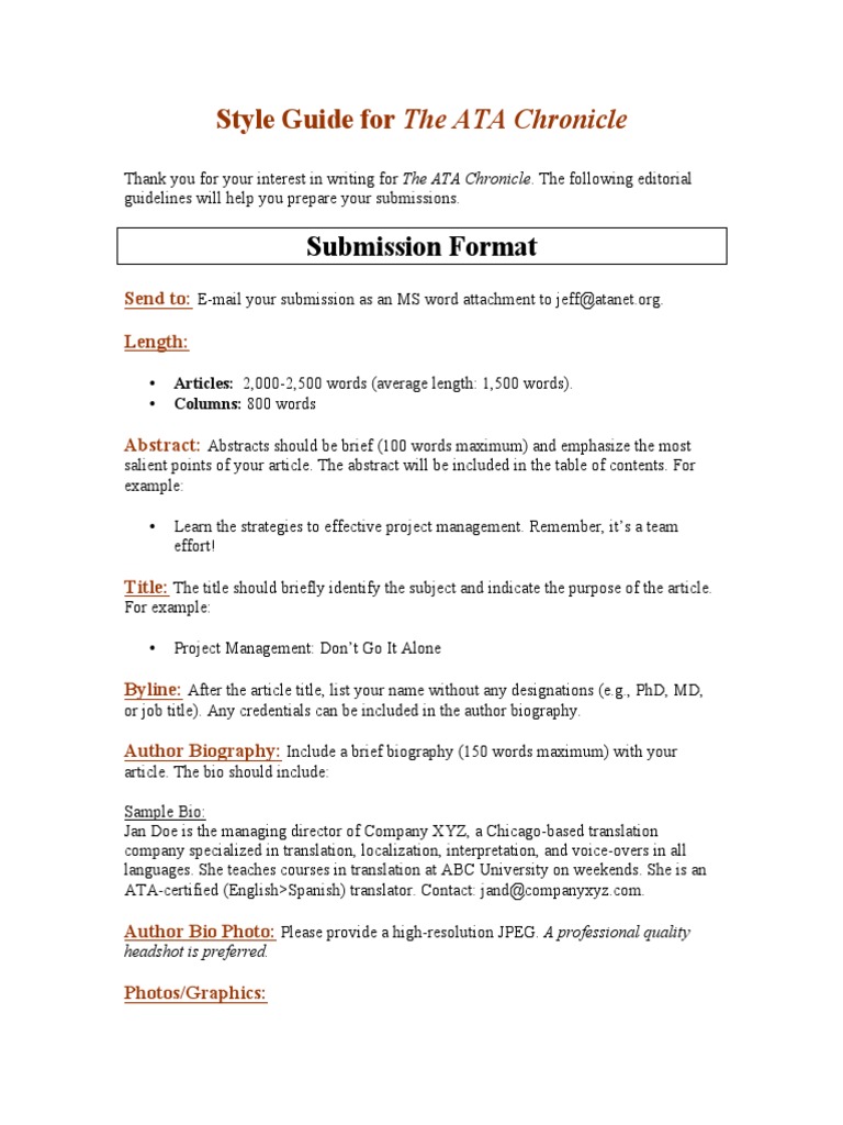 Style Guide For The ATA Chronicle: Submission Format | PDF | Letter ...