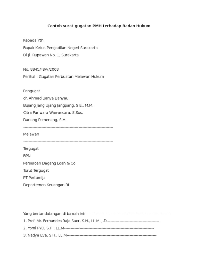 Contoh Surat Gugatan PMH Terhadap Badan Hukum | PDF