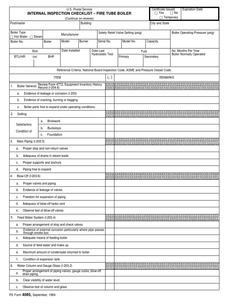 Fire Tube Boiler Inspection Checklist | PDF