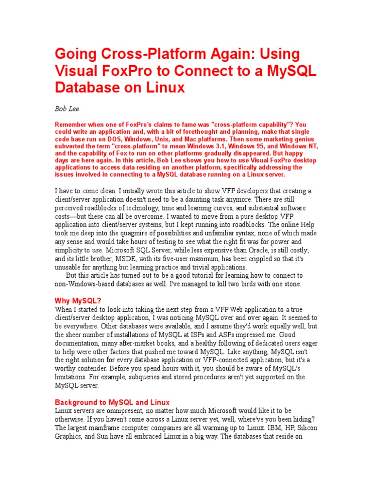 Going Cross Platform Again Using Visual Foxpro To Connect To A Mysql Database On Linux Pdf