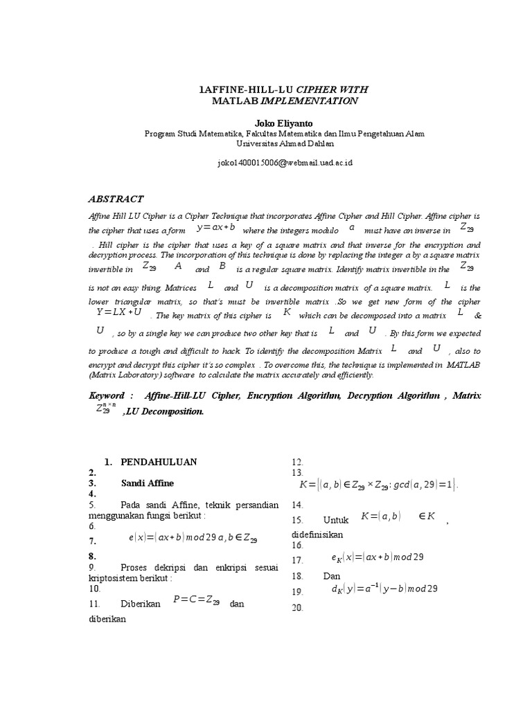 Affine Hill Lu Cipher With Matlab Implementation Pdf 