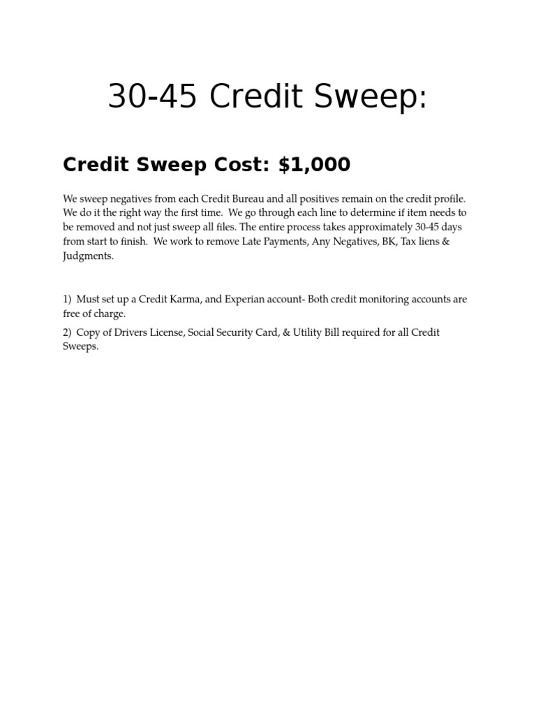 Credit Sweep Document & Price List | PDF