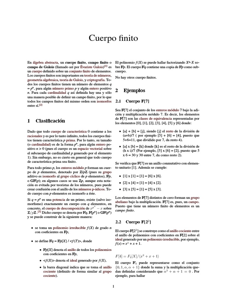 Cuerpo Finito | PDF | Campo (Matemáticas) | Teoría de la categoría
