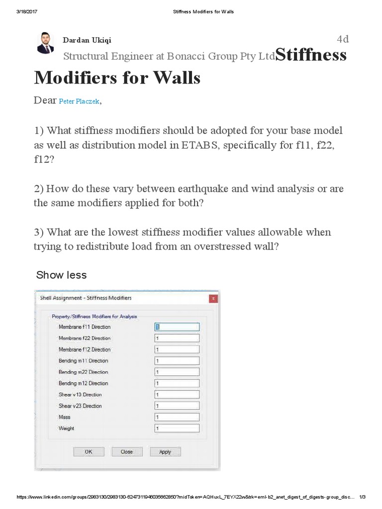 Stiffness Modifiers For Walls ETABS | Download Free PDF | Mechanics | Applied And ...