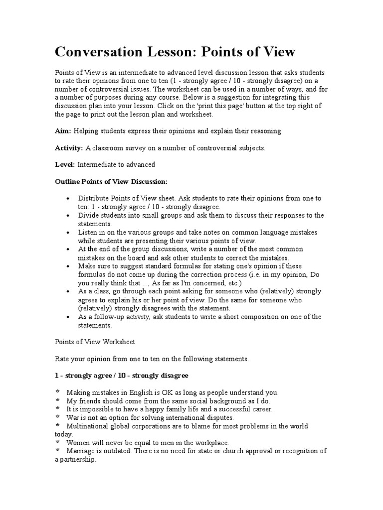 Conversation Lesson: Points of View | PDF | Conversation | Lesson Plan