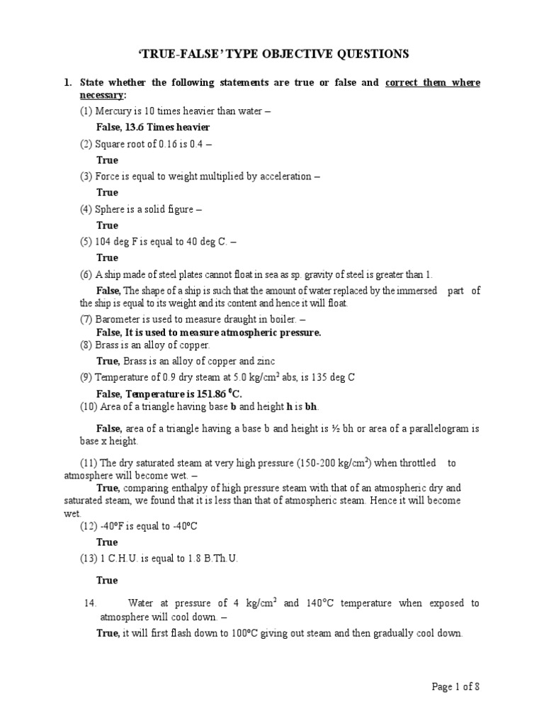 True or False - Collection of Objective Questions | PDF | Steam Engine ...