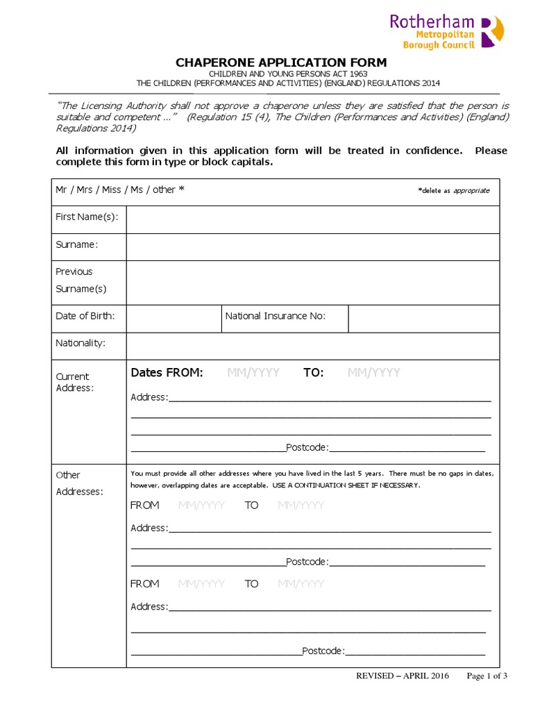 Chaperone Application Form | Government Information | Government