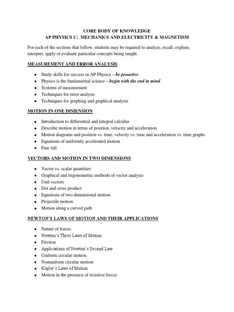 Core Body of Knowledge Ap Physics C: Mechanics and Electricity ...