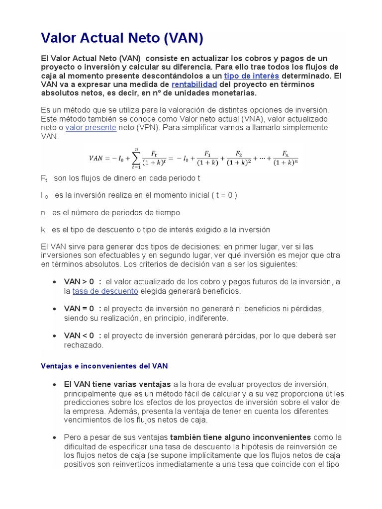 Valor Actual Neto | PDF | Tasa interna de retorno | Valor presente neto