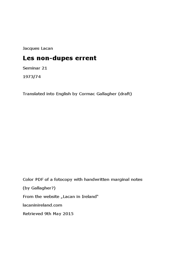 Lacan, Seminar 21, Les Non-Dupes Errent, Translated Into English by ...