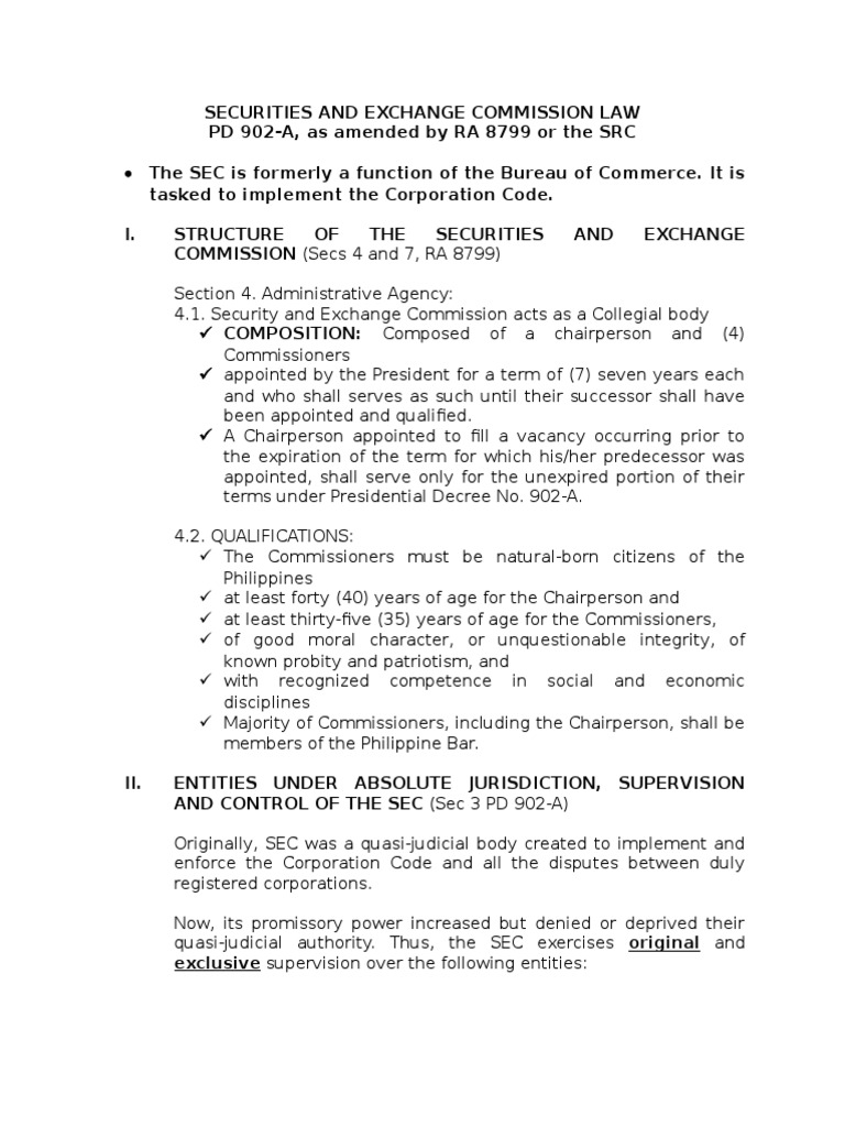 SEC Law: PD 902-A Overview | PDF | Stocks | Securities (Finance)