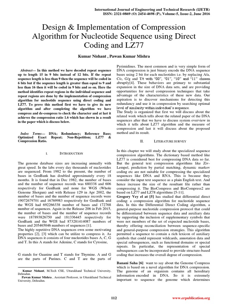 Design & Implementation of Compression Algorithm For Nucleotide ...