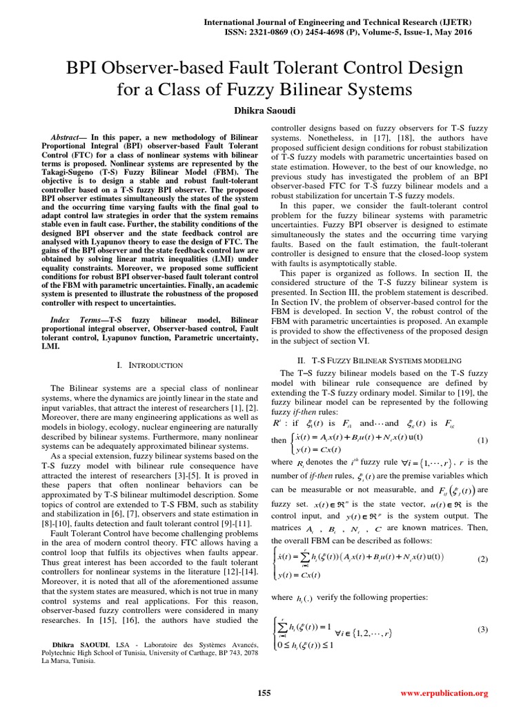 BPI Observer-Based Fault Tolerant Control Design For A Class of Fuzzy Bilinear Systems | PDF ...